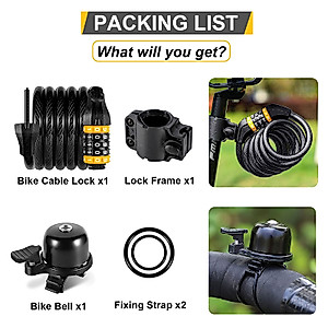 Cable Bike Locks Resettable Bicycle Lock Cable Combination 5-Digit Combination Cable Lock Scooter Locks Anti-Theft, Includes Mounting Bracket and Bike Bells