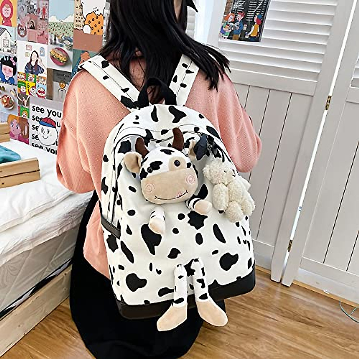 VTYUBX Large Kawaii Backpack Cow Stuffed Animal Backpack School Girl Cute Bag Plush Purses Fuzzy Backpack Kawaii Bookbag (Plush Cow,Large)