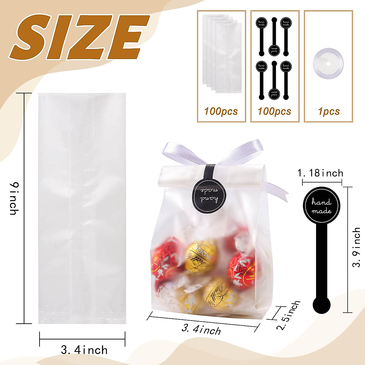 YunKo Cookie Bags for Gift Giving Cellophane Clear Treat Bags for Favors Mini Loaf, Bundt Cake, Hot Cocoa Bomb Packaging With Stickers(100PACK, Translucent)