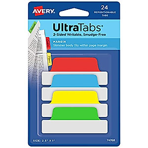Avery 74769 Ultra Tabs, 2.5 x 1 Inch, 2-Side Writable, Pastel Blue/Pink/Purple/Green, 24 Repositionable Margin Tabs & Margin Ultra Tabs, 2.5" x 1", 2-Side Writable, Assorted Colors, 24 (74768)