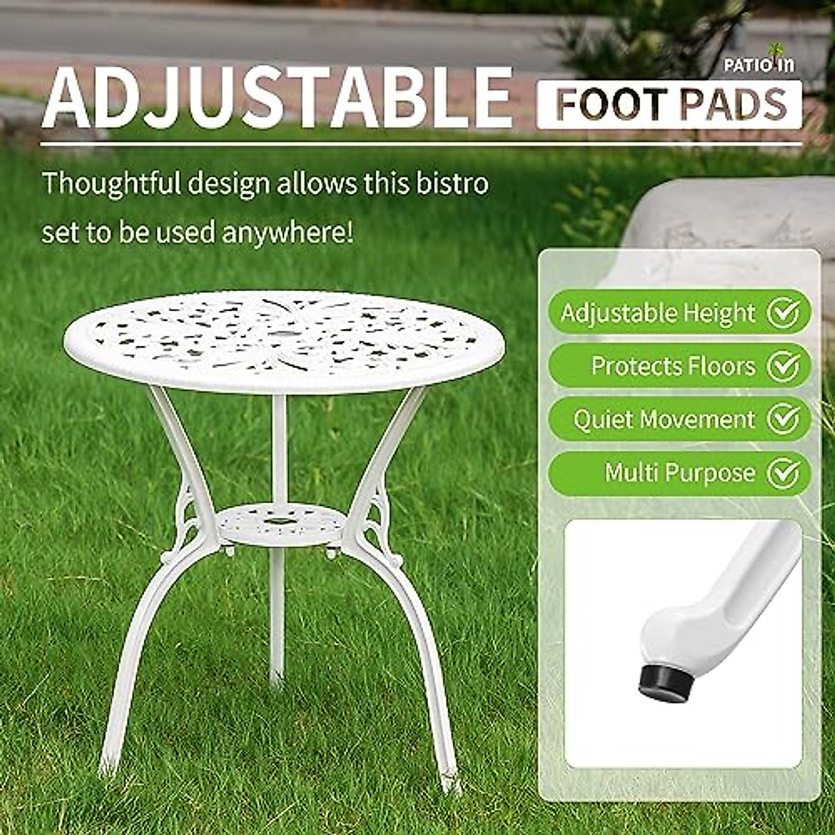 PATIO-IN Bistro Set 3 Piece Outdoor Patio Set, Rust Resistant Bistro Table and Chairs Furniture with Umbrella Hole, Cast Aluminum Bistro Table Set of 2 for Porch,Lawn,Garden,Backyard, White