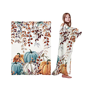 Fall Thanksgiving Kids Throw Blankets, Watercolor Autumn Pumpkins Terracotta Eucalyptus Leaves Soft Fleece Blanket Decorative for Home Sofa Couch Chair Living Bedroom,30x40 inches, Blue Orange