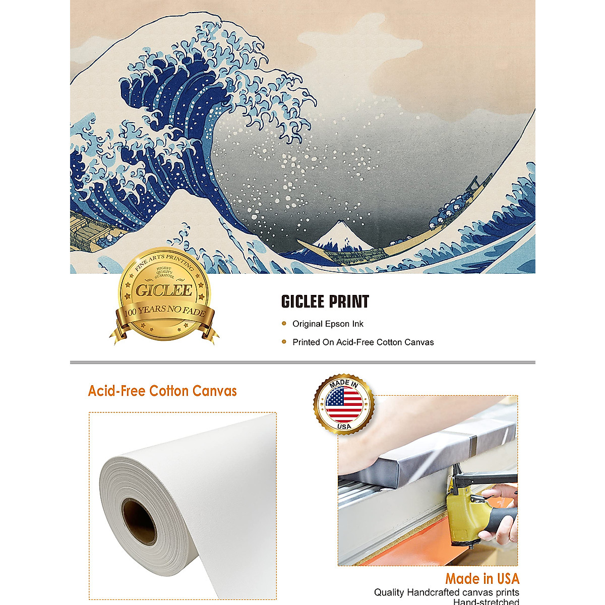 DECORARTS - The Great Wave off Kanagawa(Triptych), Katsushika Hoki. Classic Art Reproduction, Giclee Print On Canvas. Stretched canvas. 48x32