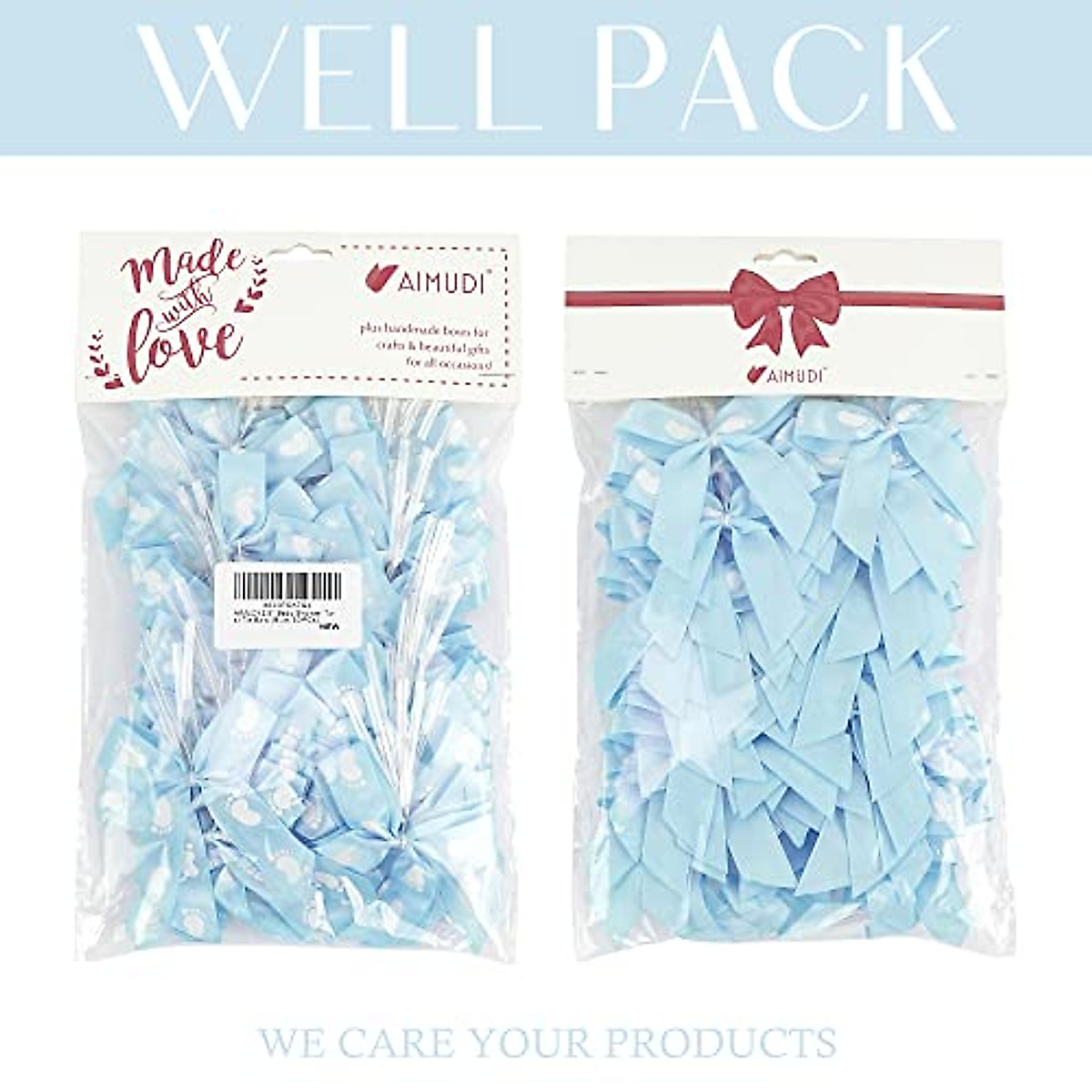 AIMUDI Baby Shower Ribbon Twist Tie Bows 2.5" Premade Blue Bows for Baby Shower Decorations for Boy Pre-Tied Baby Blue Bows for Treat Bags Ribbon for Gender Reveal Bows for Gift Wrapping - 50 Counts