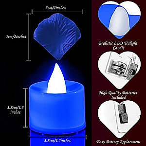 600 Pieces Artificial Rose Petals with 12 Pieces LED Tea Lights Candle Romantic Flickering Candle for Romantic Night Valentine's Day Anniversary Wedding Honeymoon (Blue Light)