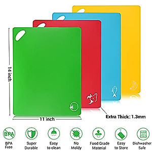 Kitchen Plastic Cutting Board Set - Extra Thick Flexible Cutting Mat for Cooking, Non-Slip Chopping Board with Colored Food Icons & Easy-Grip Handles, Dishwasher Safe, Set of 4