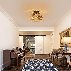 SYTPPLAN Rattan Light Fixtures Ceiling Light, Handmade Woven Cage Boho Light Fixture 11" Semi Flush Mount Light Fixture Coastal Ceiling Light for Hallway Kitchen Entryway Farmhouse Living Room