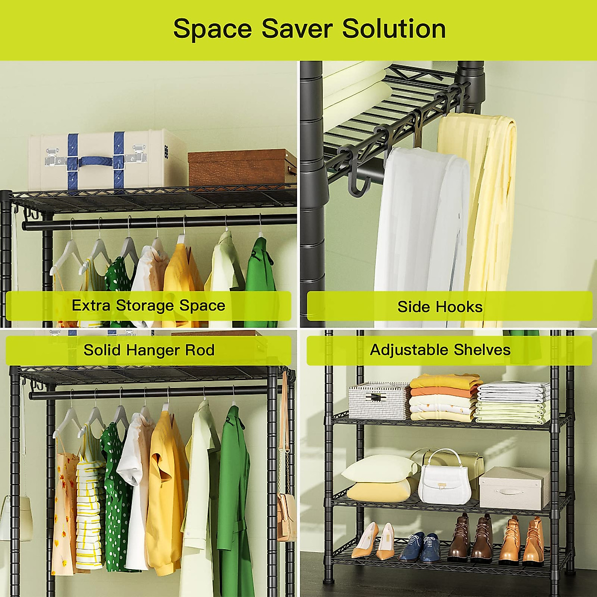 Ulif H1 Portable Closets, 4-Tier Freestanding Metal Garment Rack and Clothes Storage Wardrobe, Suitable for Bedroom, Apartment, Cloakroom, 25.6" W x 15.7" D x 72.8" H, Black