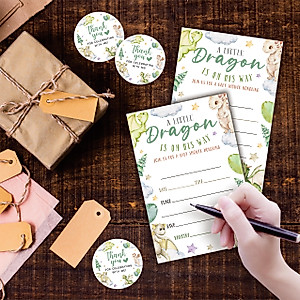 20 Baby Shower Invitations & Thank You Stickers - A Little Dragon Is On His Way, Adorable Dragon Invites, Envelopes & Adhesive Round Stickers, Gender Reveal, Baby Announcement Party Favor (A02)