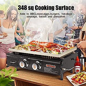 QuliMetal Portable Griddle Flat Top Grill 22 Inch Table Top Griddle 2 Burner Propane Grill with Carry Bag Outdoor Griddle Camping Griddle 24,000 BTU 348 Sq 304 Stainless Steel for Party Tailgating