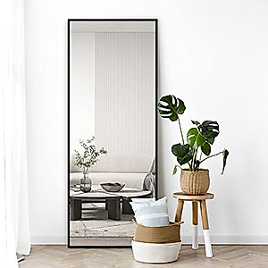 NeuType Full Length Mirror - 64"x21", Aluminum Alloy Thin Frame, Black, Wall-Mounted or Leaning, Bedroom/Floor Full Body Mirror with Stand