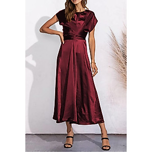 PRETTYGARDEN Women's 2024 Summer Satin Midi Dress Cap Sleeve Tie Waist Elegant A-Line Flowy Dresses (Wine Red,Medium)
