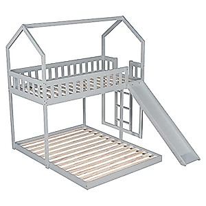 DEYOBED Twin Over Full Wooden Bunk Bed with Slide for Kids Teens