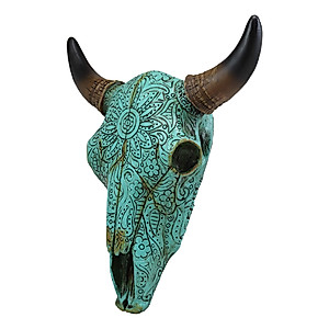 Ebros 10" Wide Western Southwest Steer Bison Buffalo Bull Cow Horned Skull Head Turquoise Floral Lace Design Wall Mount Decor Native Indian Sacred Animal Totem Bust Skulls