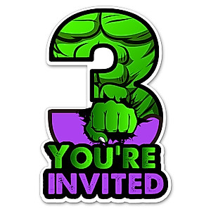 20 Super Hero 3rd Birthday Party Invitations with Envelopes Double Sided Green Superhero Shaped Fill-in Invitations Invites for 3 Year Old