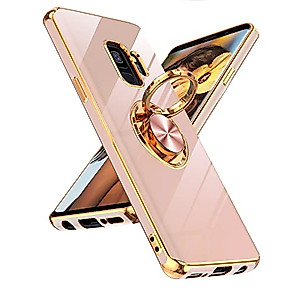 LeYi for Samsung Galaxy S9 Case with 360° Rotatable Ring Holder Magnetic Kickstand, Plating Rose Gold Edge Protective Case for Women and Girls, Pink