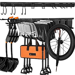 Tool Storage Rack - Garage Tool Organizer Wall Mount, 13Pcs Heavy Duty Garden Tool Organizer with 4 Rails & 9 Hooks for Garage Garden Shed Yard, 64in Adjustable Garage Storage Rack, Max Load 600 Lb