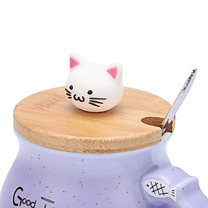 Fdit Lovely Cat Ceramic Cup with Spoon and Lid Coffee Water Milk Mug for Drinkware (Purple)