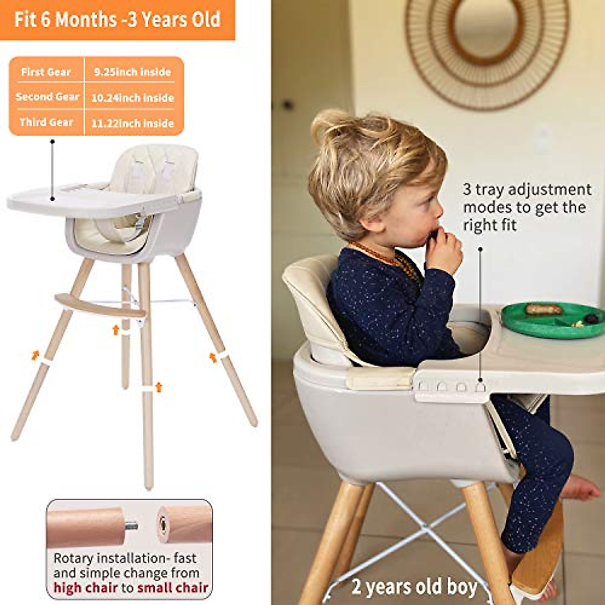 3-in-1 Convertible Wooden High Chair,Baby High Chair with Adjustable Legs & Dishwasher Safe Tray, Made of Sleek Hardwood & Premium Leatherette,Cream Color