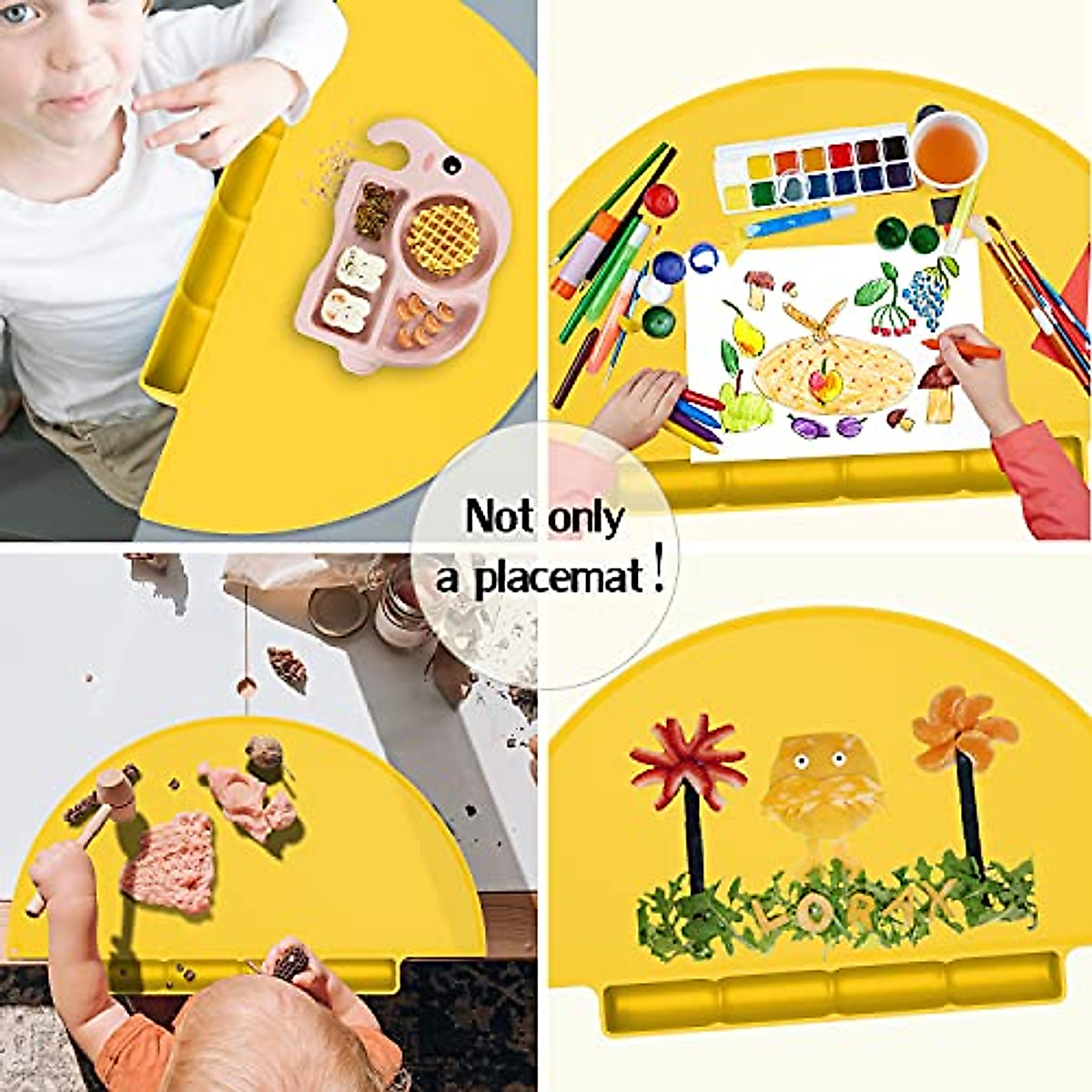 Food Catching Baby Placemat with Suction, Kids Portable Placemats for Dining Table, Premium Silicone toddler baby eating mat, Dishwasher Safe, Easy to Storage and Carry (Yellow)