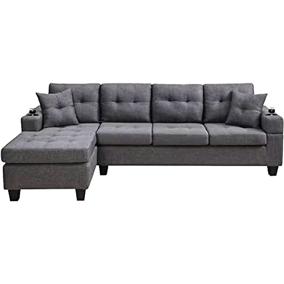 DNYN Modern Sectional Sofa Couch,Polyester Fabric 3-Seater L-Shape Corer Sofá with Chaise & Cup Holders & Removable Cushions & Throw Pillows, Furniture for Home or Office, Gray