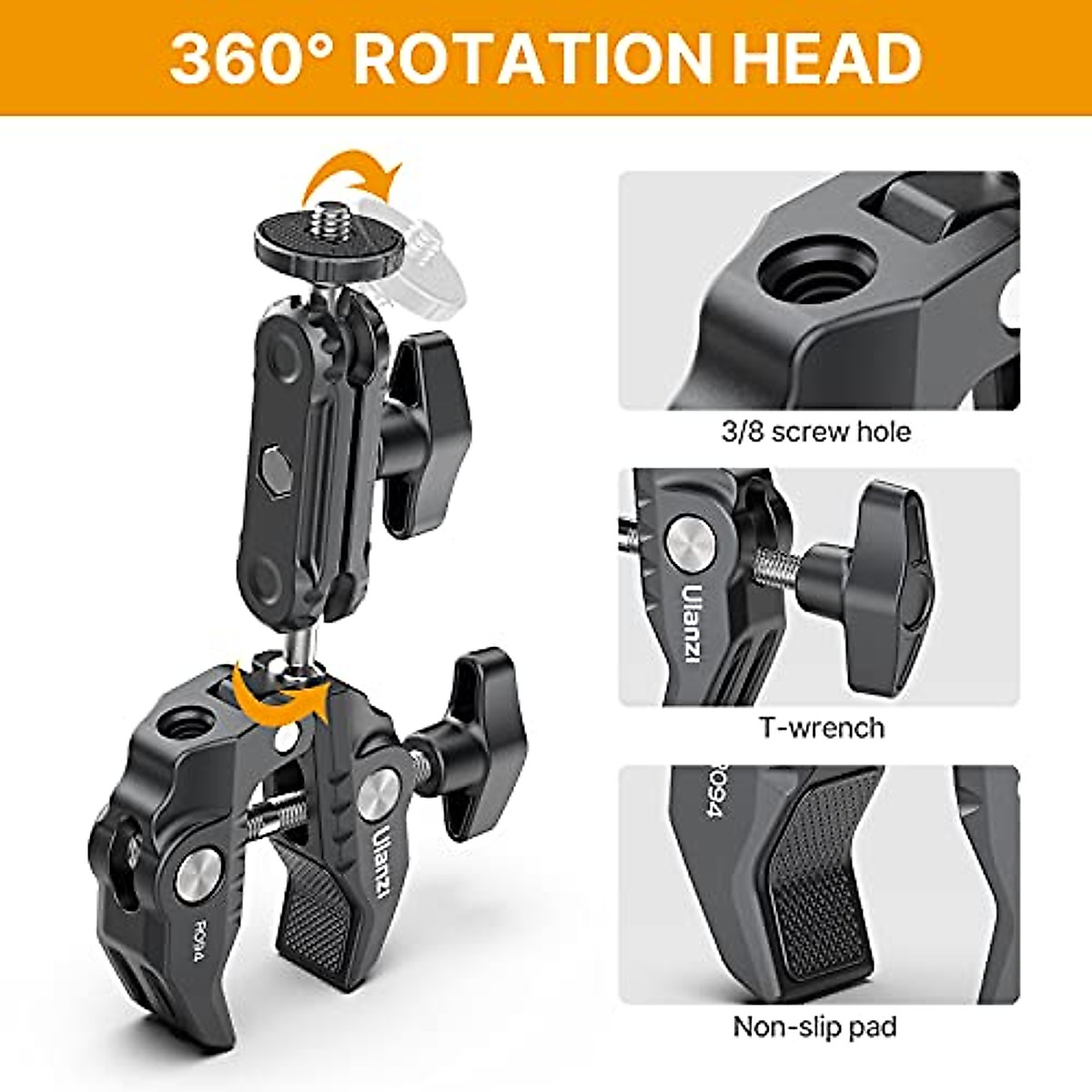 R094 Super Clamp Multi-Functional Camera C Clamp Mount, 1/4" Ball Head Monitor Mount 3/8" Hole Adjustable Video Shooting, Mobile Clamp for Gopro Action INSTA360 Cam, Vlog Cam Selfie Live Streaming