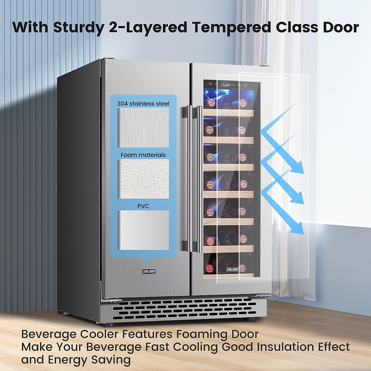 Wine Cooler Beverage Refrigerator, 24” Wine Fridge with Dual-Zone Digital Temperature Control, Glass Front Doors and Interior Lighting Holds 20 Bottles and 88 Cans on Removable Shelves