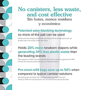 PurePail Classic Diaper Pail – White, Blocks Odors with No Added Fragrance, Holds 20% More Diapers & Generates Less Waste, No Cutting, No Canisters, Includes 1 Pail + 2 Refill Bags + 1 Charcoal Filter