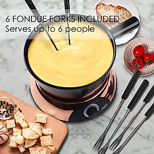 Artestia 2-QT Electric Fondue Pot for Chocolate Cheese, 1500W Oil Fondue Pot Set with Adjustable Temperature, 6 Fondue Forks, Black Ceramic Pot with Rose-Gold Base