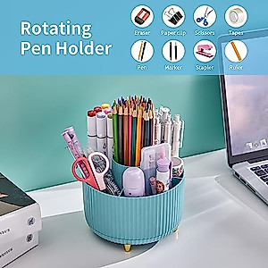 Marbrasse Desk Organizer, 360-Degree Rotating Pen Holder for Desk, Desk Organizers and Accessories with 5 Compartments Pencil Organizer, Art Supply Storage Box Caddy for Office, Home （Light Blue）
