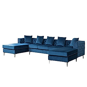 Modern U-Shape Sectional Sofa,Large Modular Sofa Velvet Couch Set with 5 Pillows and Metal Feet,Extra Wide Chaise Lounge Couch with Button Tufted and Nailhead Trim for Apartment Living Room,Blue