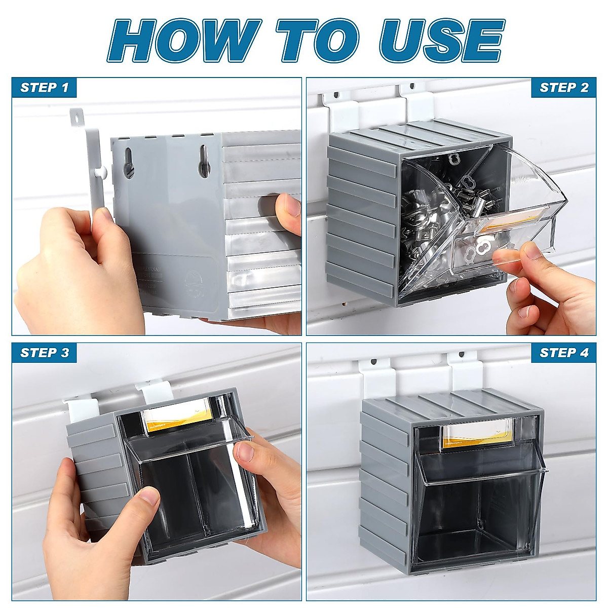 Huwena 6 Pack Slatwall Bins with Metal Utility Hooks Set Slat Wall Baskets Slatwall Tip Out Bin with Labels Wall Mount Slatwall Containers Hanging Storage Organizer for Garage Work Room Panel