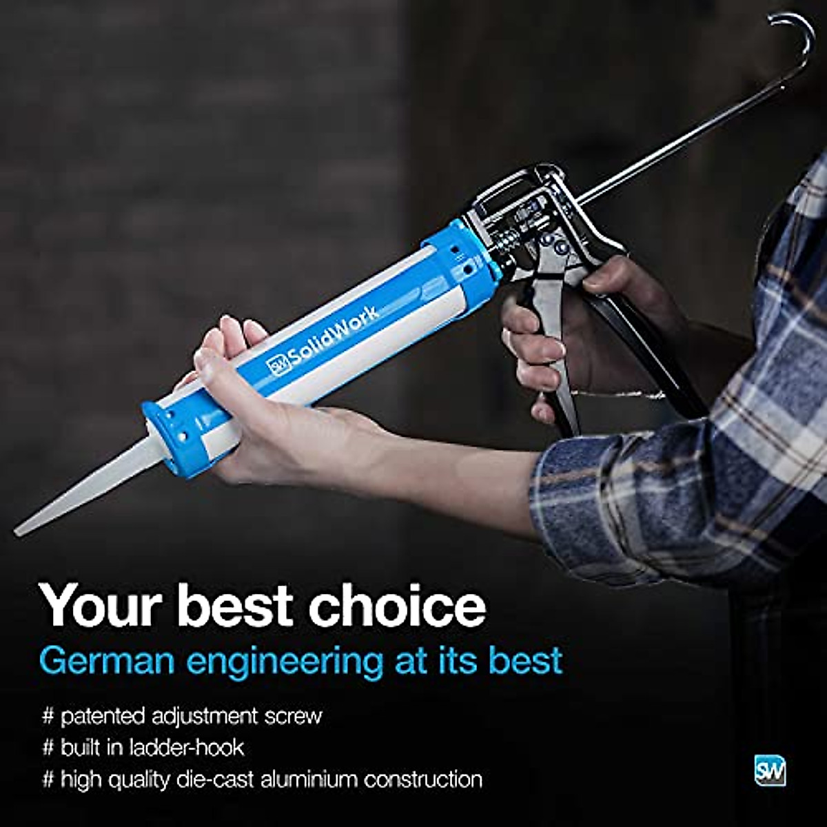 SolidWork Drip-Free Caulk Gun with Ergonomic Steel Handle, up to 1/10 Gallon Cartridge, Adjustable 24:1 or 12:1 Thrust Ratio 1/10 Gallon Cartridge | Blue Caulking Gun