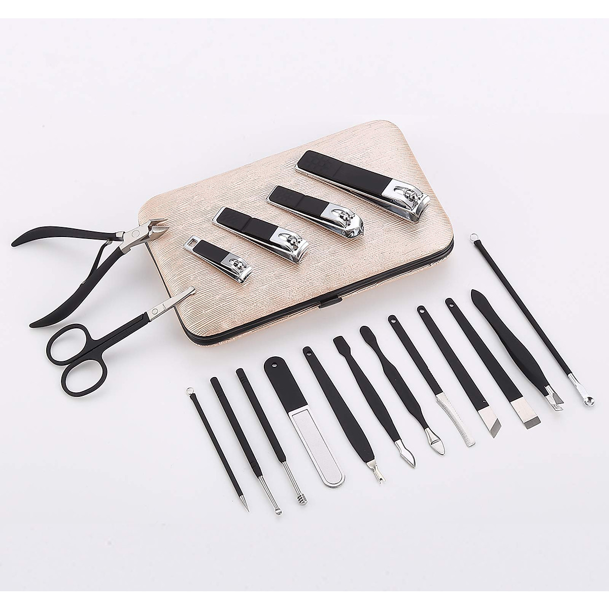 Sharp Nail Scissors and Nail Clippers Set High Precisio Stainless Steel Nail Cutter Pedicure Kit Nail File Manicure Pedicure Kit Fingernails & Toenails with stylish case (Light brown_18in1)