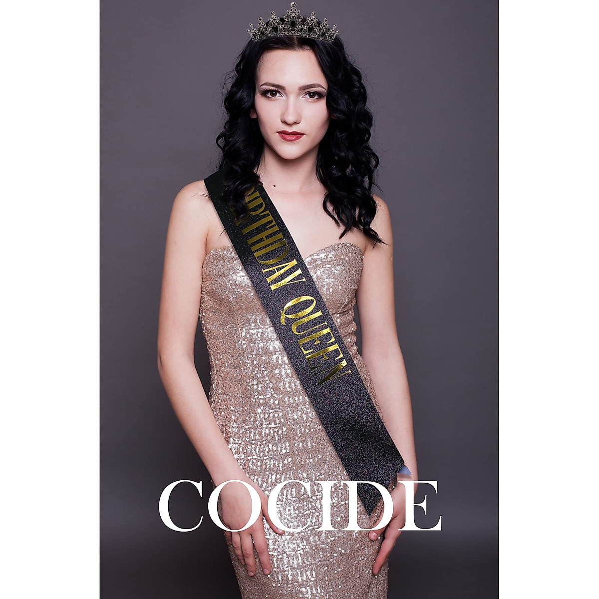 Birthday Queen Sash and Tiara for Women Crystal Tiara and Satin Kit for Girl Rhinestones Crown with Comb Glitter Hair Accessories for Prom Party Decoration Cake Topper Accessory Set with Pin (Black