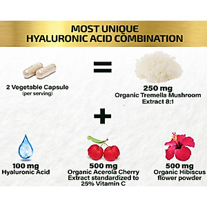 Natural Hyaluronic Acid Supplement 5X Stronger Hydration Pills from Pure Tremella Mushroom with Vitamin C & Hibiscus - Skin Supplement Anti Wrinkle Dietary Capsules - Hair Nails Vitamins