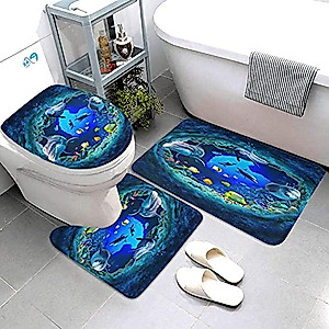 4 Piece Dolphin Curtain Sets with Non-Slip Rug,Toilet Lid Cover,Bath Mat,12 Hooks,Blue Sea World Ocean Fish Bathroom Decor Waterproof Shower Curtains with for Bathroom Accessory Rug Sets 70.8''Long
