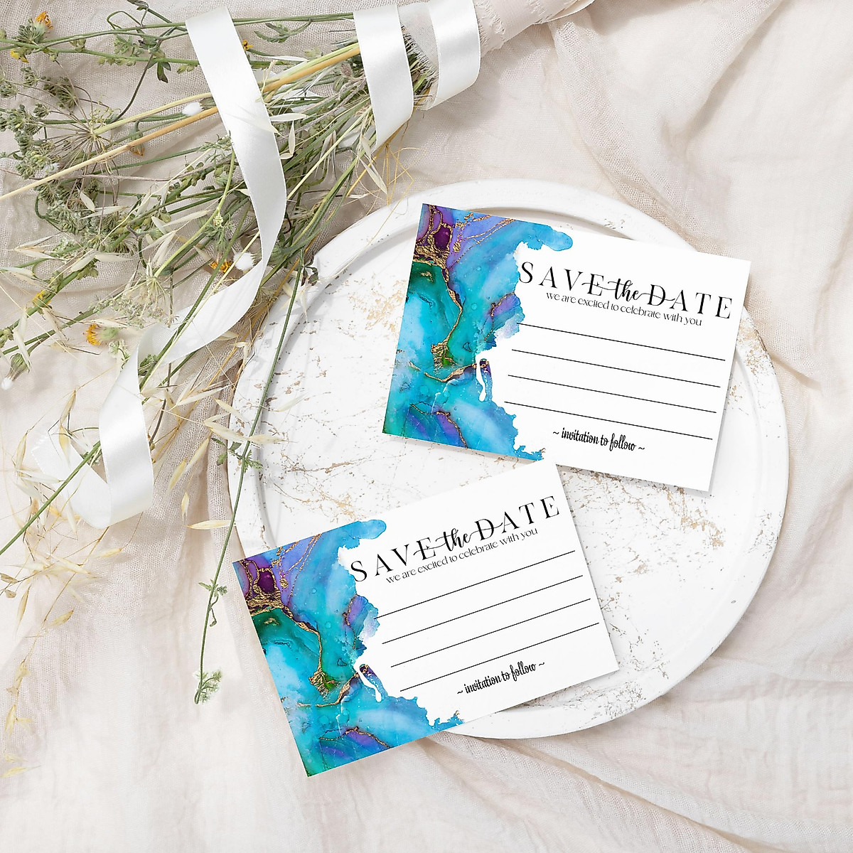 Paper Clever Party Teal and Purple Save the Date with Envelopes, All Occasion Cards for Wedding Invitations, Birthday, Graduation, Modern Watercolor, 3.5x5, 25 Pack