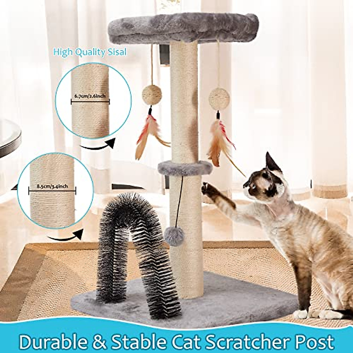 Cat Scratching Post, WHDPETS Cat Scratchers with Arch Self Groomer and Platform for Indoor Cats, Cat Claw Scratch Posts with Sisal Rope and Balls for Kitten Kitty Play