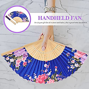RAZZUM 2 Pcs Floral Folding Hand Fan Chinese Vintage Retro Silk Handheld Fans with Frames for Wedding Dancing Church Party Gifts Blue Fan