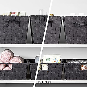 BINO 3 Pack Woven Strap Storage Basket Organizer - Shelf/Under Bed Organizers with Built-in Carry Handles, Dark Grey (Small)