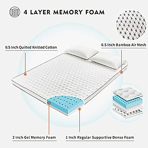Memory Foam Mattress Topper 4 Inches with Supportive, High-Density Foam - 2 Layer Hybrid Cooling Bed Topper with Knitted Cotton & Charcoal Skin Friendly Cover - Queen Size