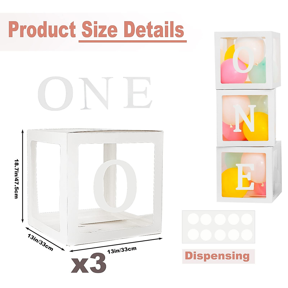 First Birthday Balloons Boxes for Boy or Girl 'ONE' Letters Individual Three White Transparent Square Boxes Baby 1st Birthday Party Decorations Backdrop Photo Shoot Prop