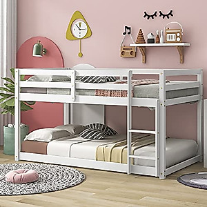 Tidyard Twin Over Twin Floor Bunk Bed, White for Bedroom Dorm Guest Room Living Room Furniture