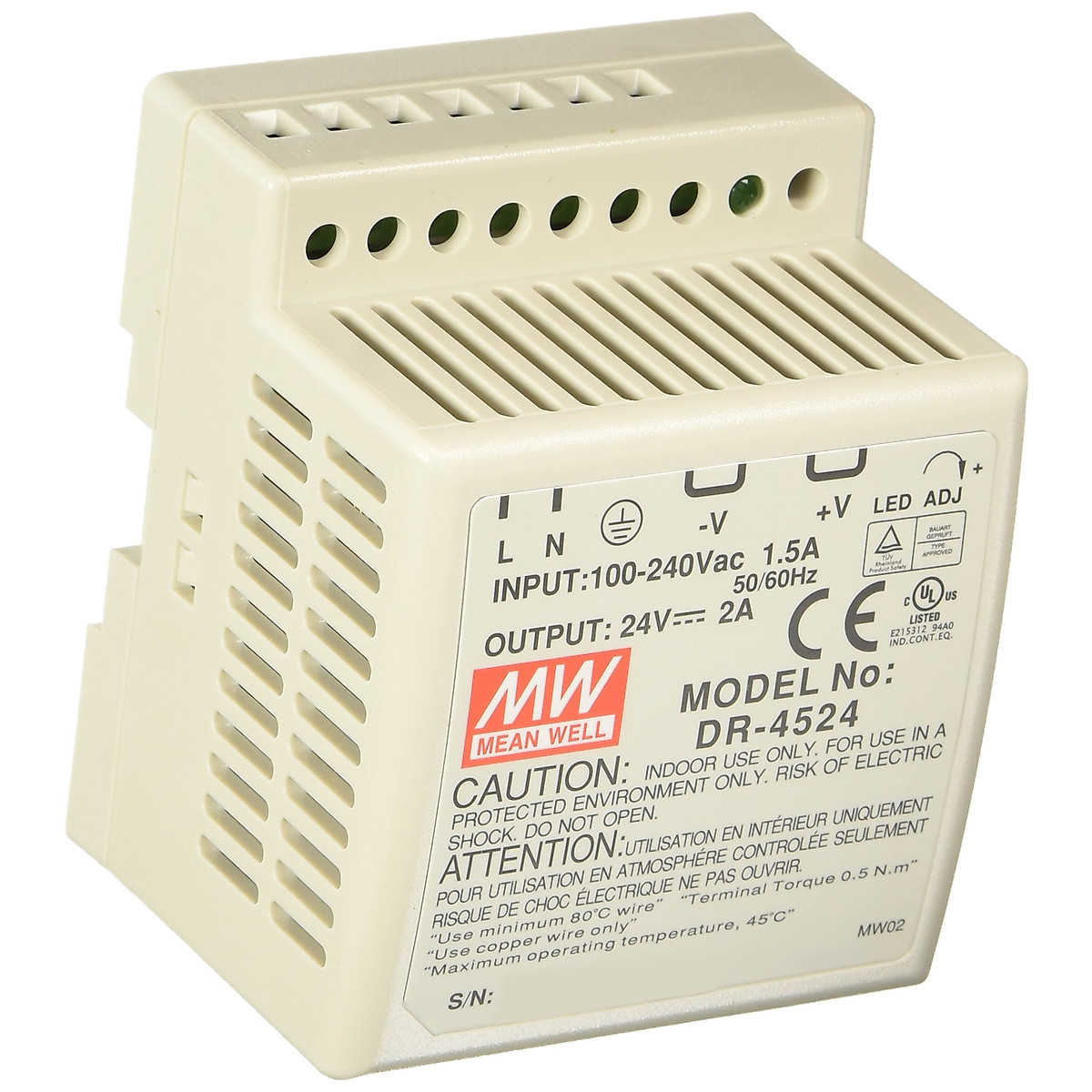 MEAN WELL DR-4524 AC to DC DIN-Rail Power Supply, 24V, 2 Amp, 48W, 1.5" - 192681