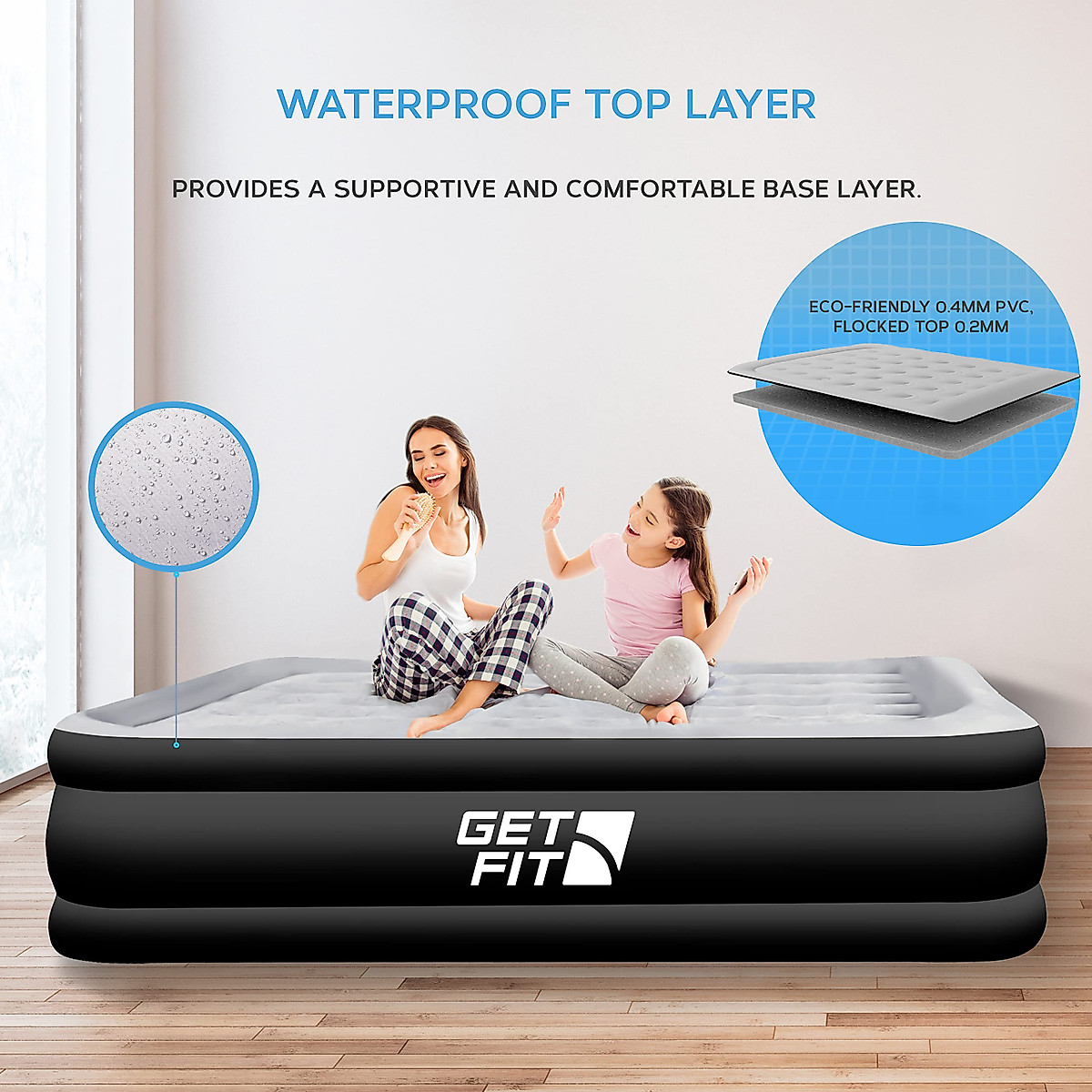 Get Fit Air Bed with Built in Electric Pump - Premium Queen Size - Blow Up Bed with 2 x Free Pillows - Elevated Inflatable Air Mattress for Outdoor, Camping, Tents - Black/Grey