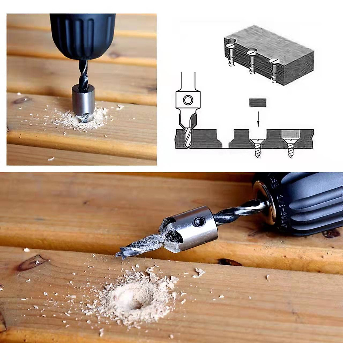 Chew Steel Tools, 11 Pack Woodworking Chamfer Drilling Tools Including 7 Brad Pointed Countersink Drill Bit with L-Wrench, 3 Titanium Countersink bits, 1 Hex Key Wrenc