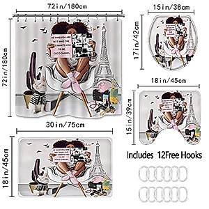 BIUSTAR 4-Piece Sexy African Black Girl Shower Curtain Set The Eiffel Tower Background Bathroom Set with Lovely Girl Curtain and Rug and Accessories Fabric Shower Curtain with 12 hooks-72 x 72 inches
