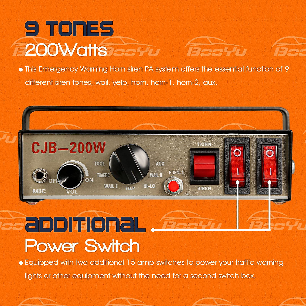 BooYu 12V 200W 9 Tones Police Emergency Warning Siren PA System [Handheld Microphone][Hands-Free][2 x 10A Switches] Capable with Any 8 Ohms/100-200 Watt Horn Speaker (Speaker Not Included)