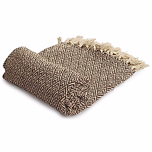 Brown Cotton Throw Blanket - Chevron Pattern with Decorative Fringe - Farmhouse Stripped Throws for Couch Bed Sofa Chair Beach Camping - Lightweight Warm Soft Cozy Soft - Home Living Room Decor